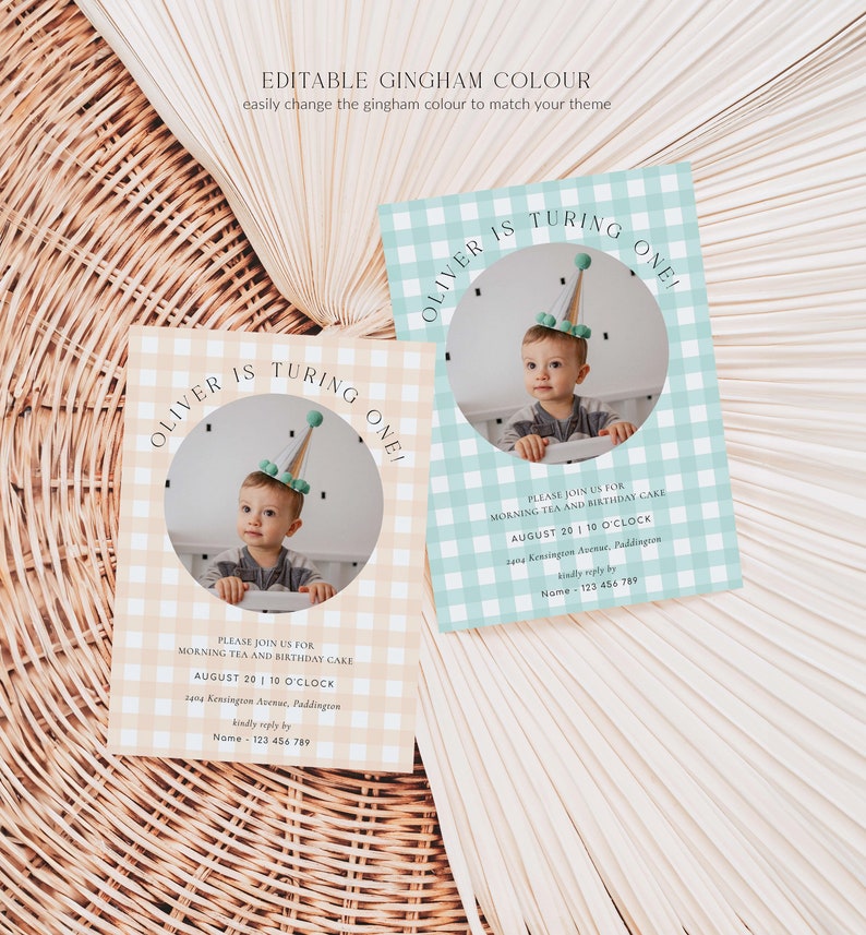 Blue Gingham Boy Birthday Photo Invitation, Printable BBQ First ...