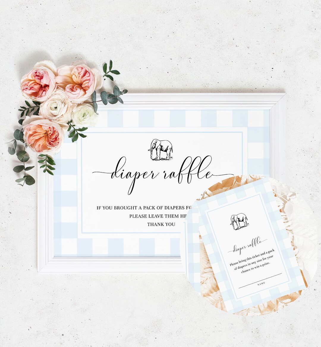Windel Tombola Ticket und Schild Vorlage, blau kariert, Baby Elefant ...