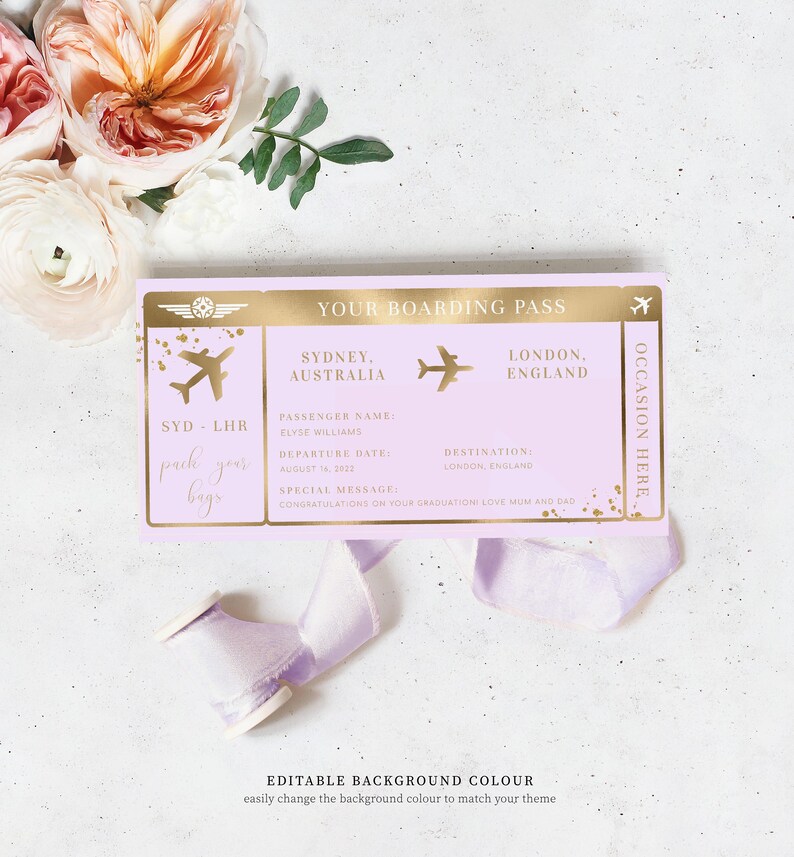 Editable Boarding Pass Template - Printable Pink Gold Surprise Fake ...