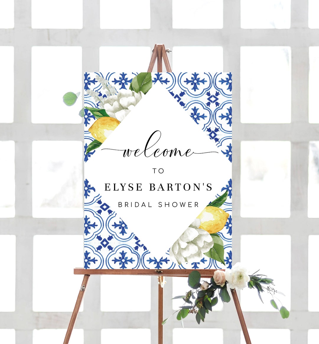 Welcome Sign Template, Mediterranean Blue Tile Lemons, Printable ...