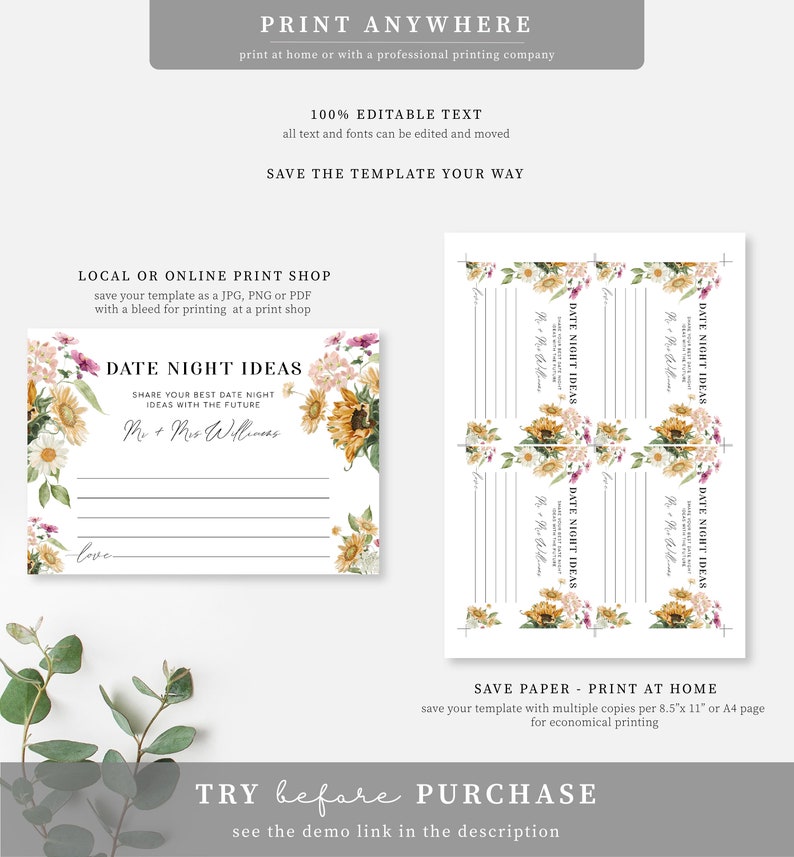 Editable Date Night Ideas Sign and Card Fall Floral Sunflower - Etsy