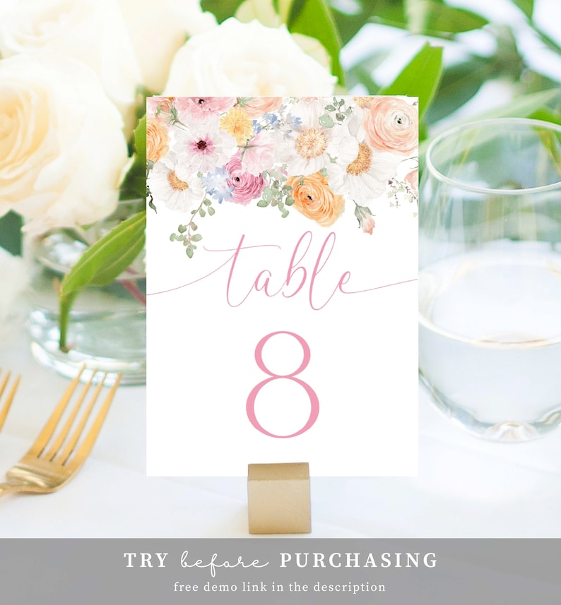 Printable Table Numbers Template, Spring Wildflower Bridal Shower Table ...