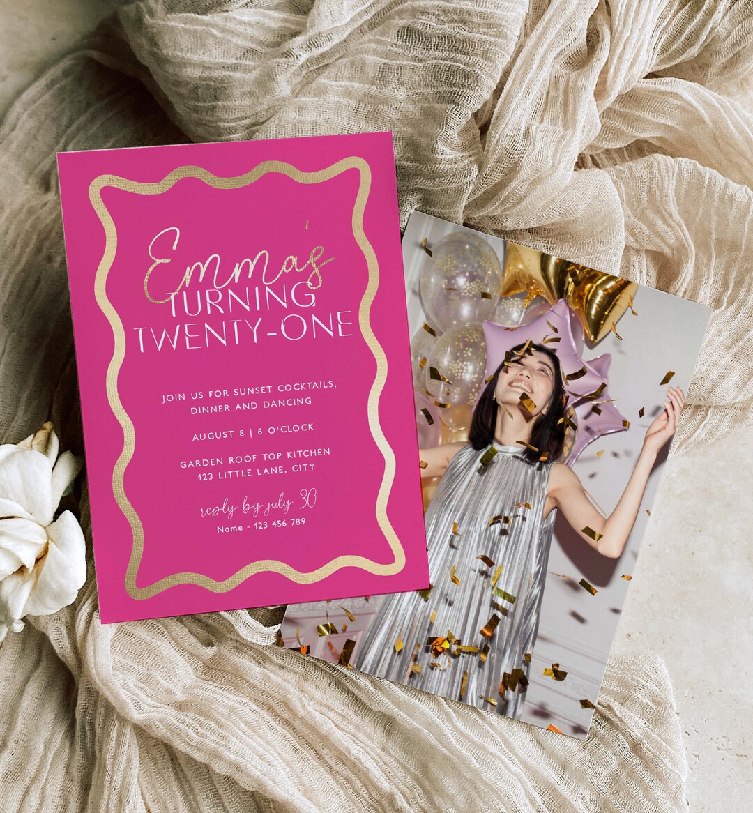 Printable Twenty First Birthday Party Invitation, Wave Curvy Line, Hot ...