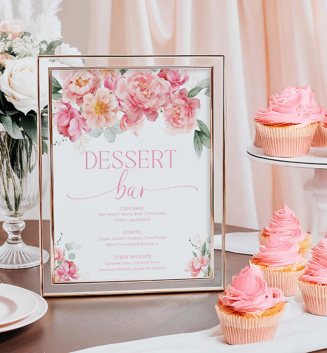 Printable Dessert Bar Sign, Hot Pink Peony Wedding Dessert Table Sign ...