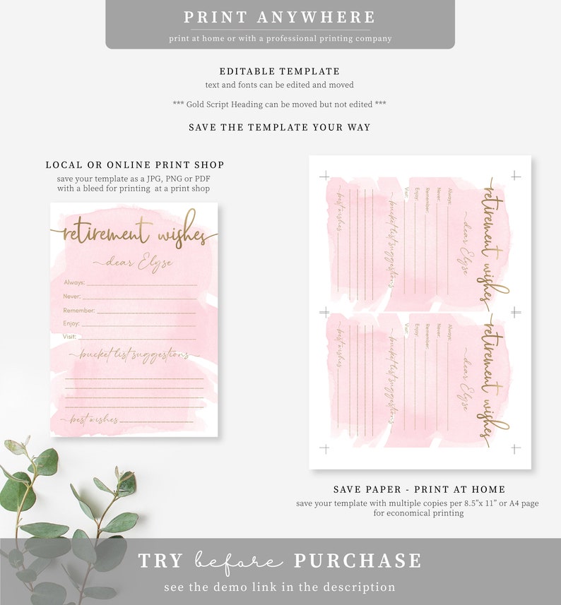 Printable Retirement Wishes Template, Pink Watercolour Gold Retirement ...