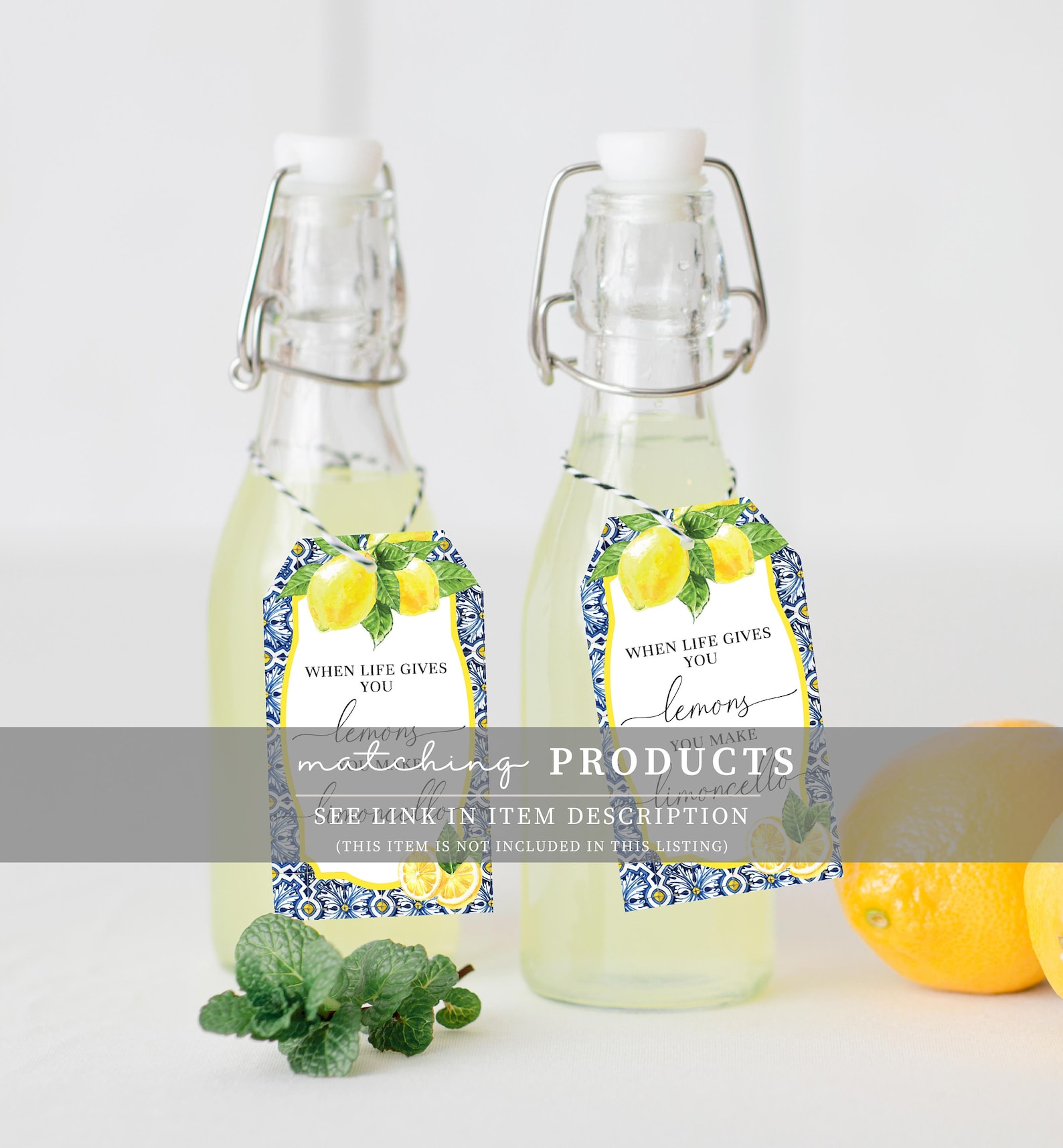 Welcome Water Bottle Printable Label, Positano Blue Tile Lemon Wedding ...