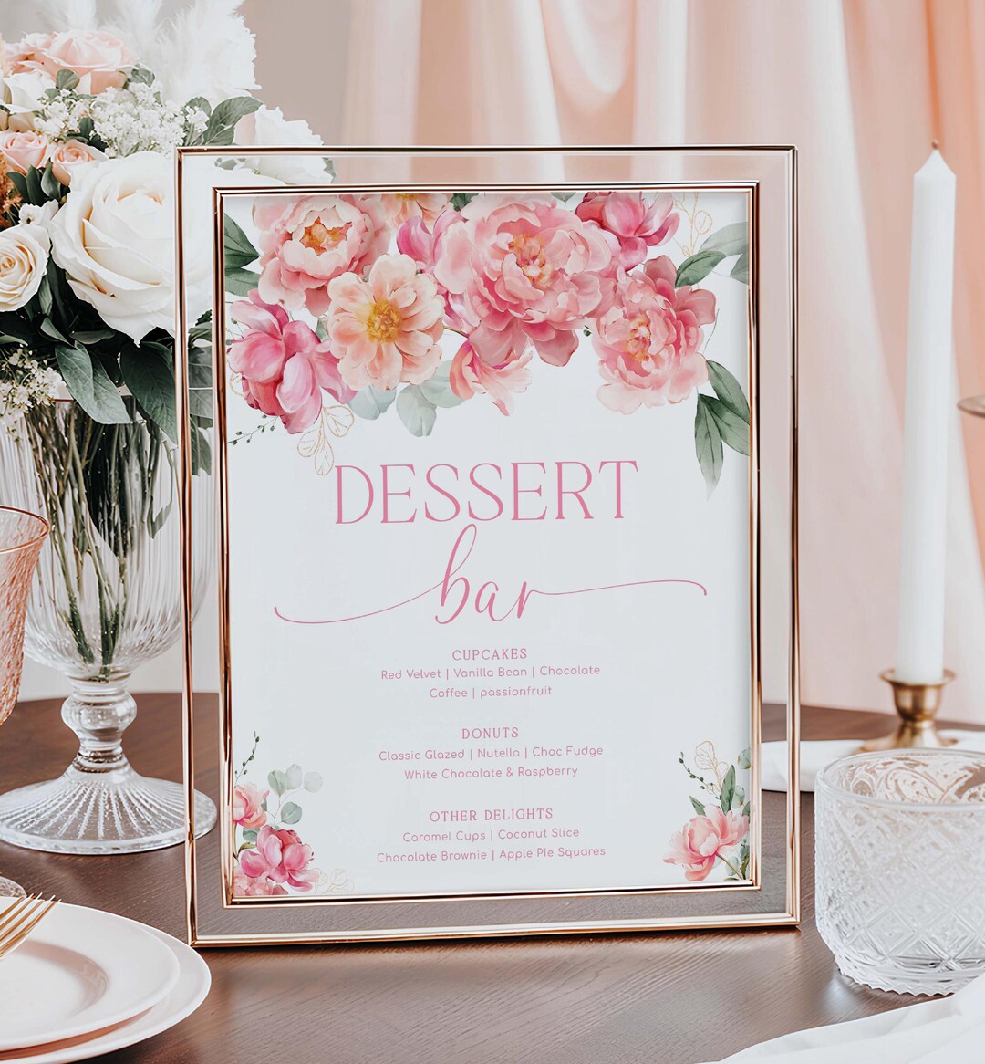 Printable Dessert Bar Sign, Hot Pink Peony Wedding Dessert Table Sign ...