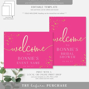 Editable Welcome Sign, Hot Pink Gold Printable Girls Birthday Welcome ...