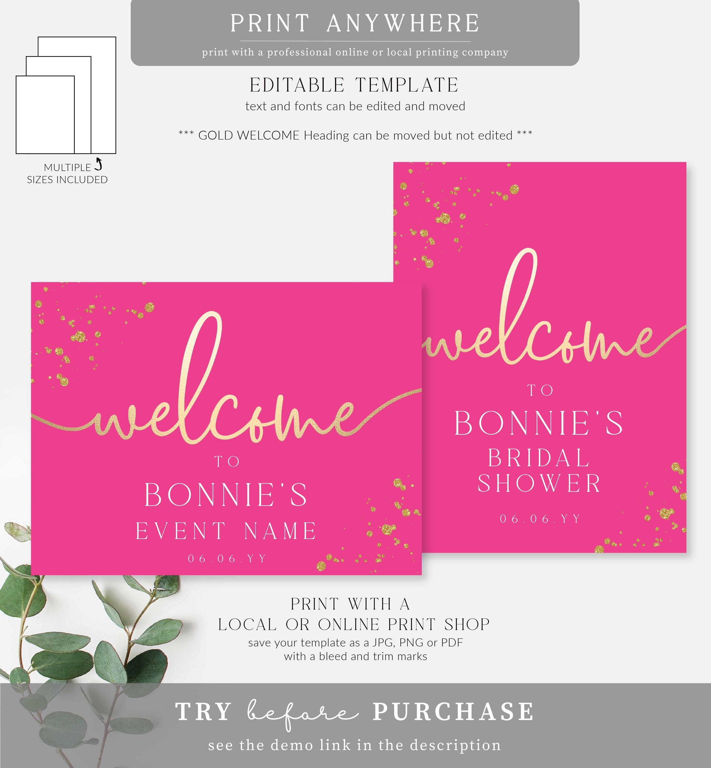 Editable Welcome Sign, Hot Pink Gold Printable Girls Birthday Welcome ...