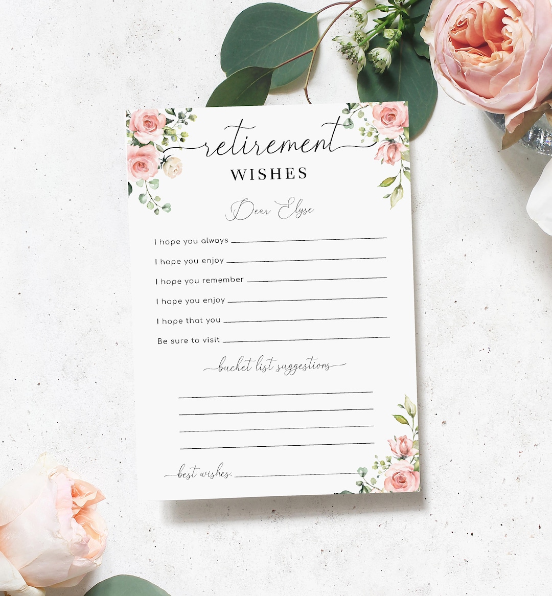Printable Retirement Wishes Template, Blush Floral Retirement Keepsake ...