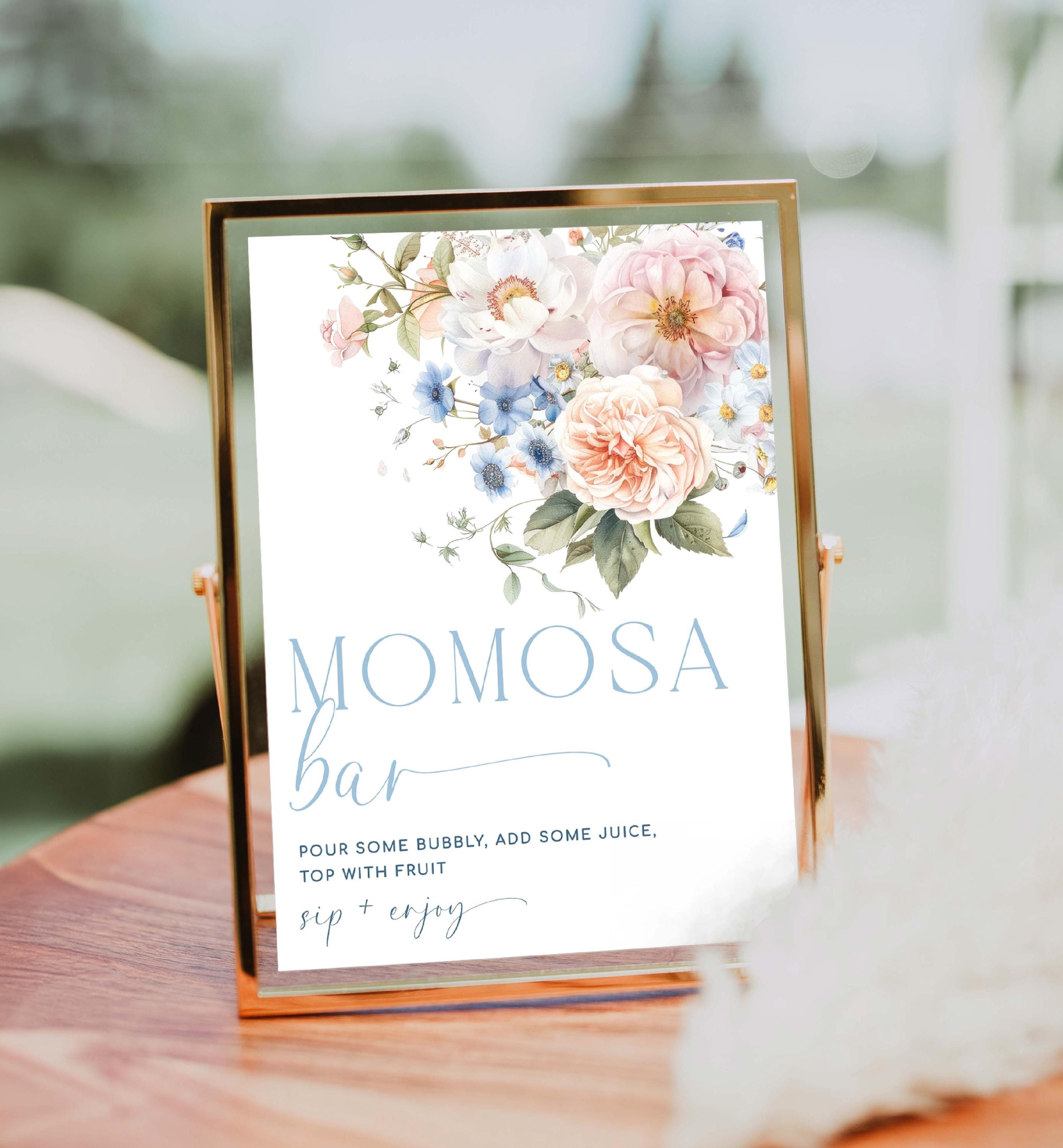 Printable Momosa Bar Sign and Juice Tags, Blue Floral Baby Shower ...
