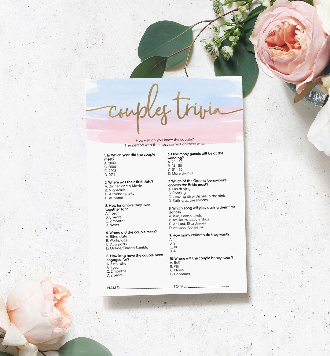 Editable Couples Trivia Game, Pink Blue Watercolour How Well Do You ...