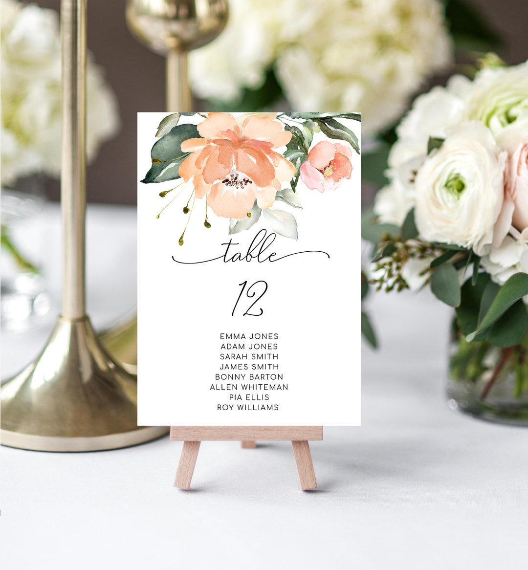 Printable Table Numbers With Guest Names Template, Peach Floral Wedding ...