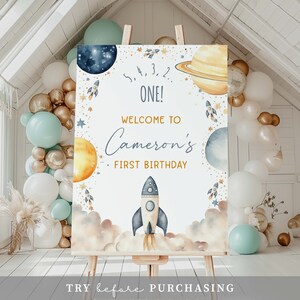 Rocket Ship Outer Space Birthday Welcome Sign, Printable First Trip ...