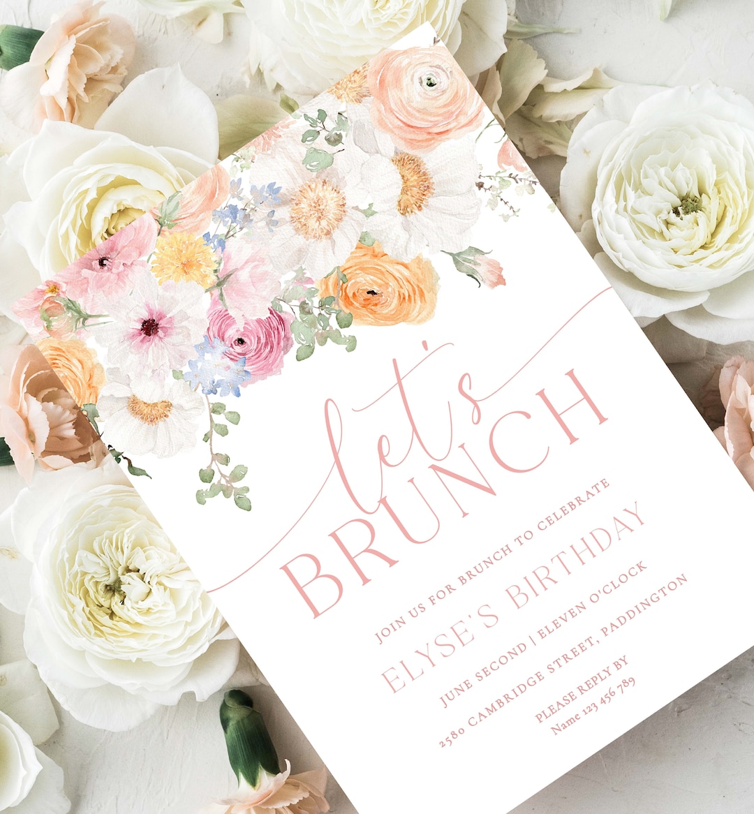 Let's Brunch Printable Invite, Boho Wildflower Birthday Lunch ...