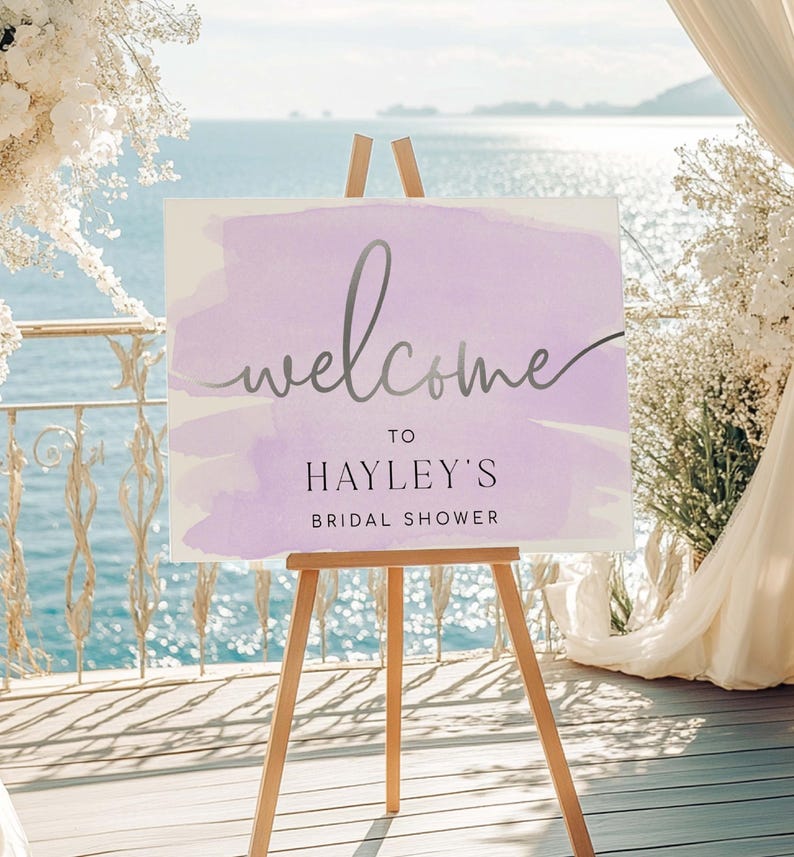 Printable Welcome Sign, Lilac Purple Watercolour Silver, Baby Shower ...
