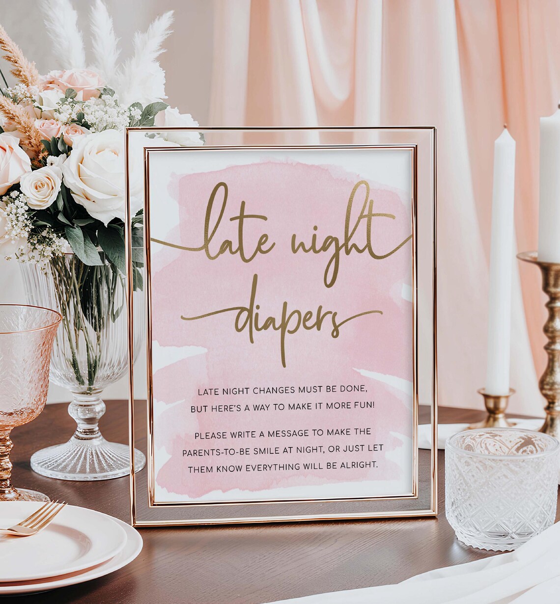 Later Night Diapers Sign, Pink Watercolour, Printable Baby Shower Sign ...