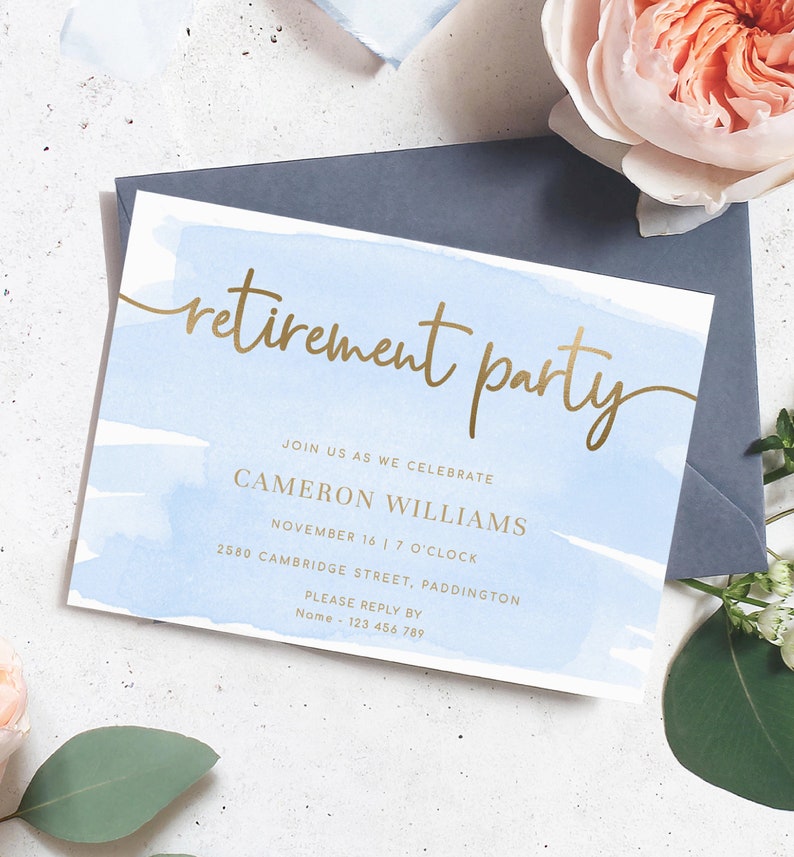 Printable Retirement Party Invitation Blue Watercolour Gold - Etsy ...