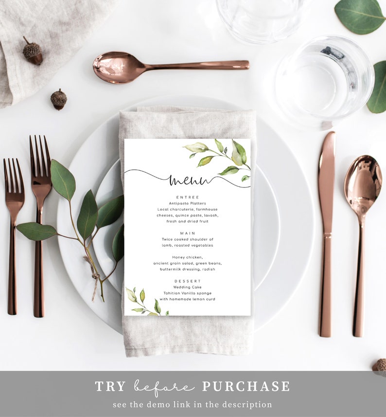 Greenery Editable Printable Menu Template Modern Minimal | Etsy