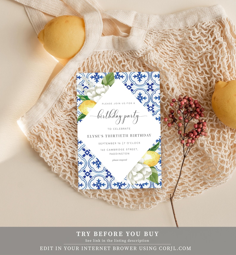 Birthday Party Mediterranean Blue Tile Invitation , Capri Lemons ...
