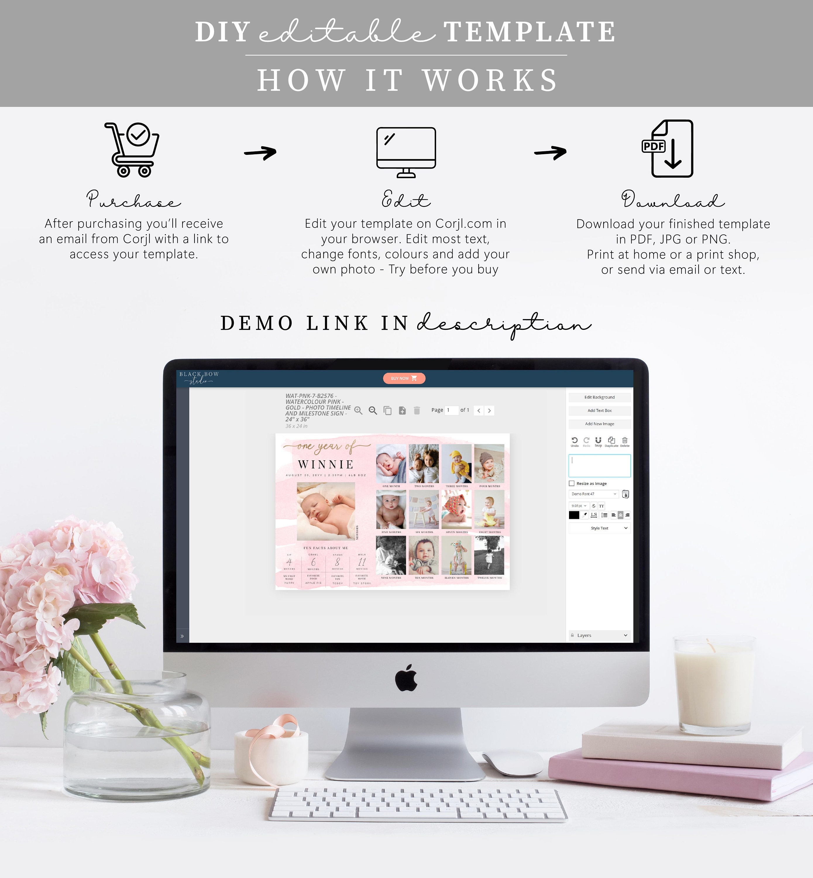Printable Pink Watercolor First Birthday Photo Timeline Sign - Etsy ...