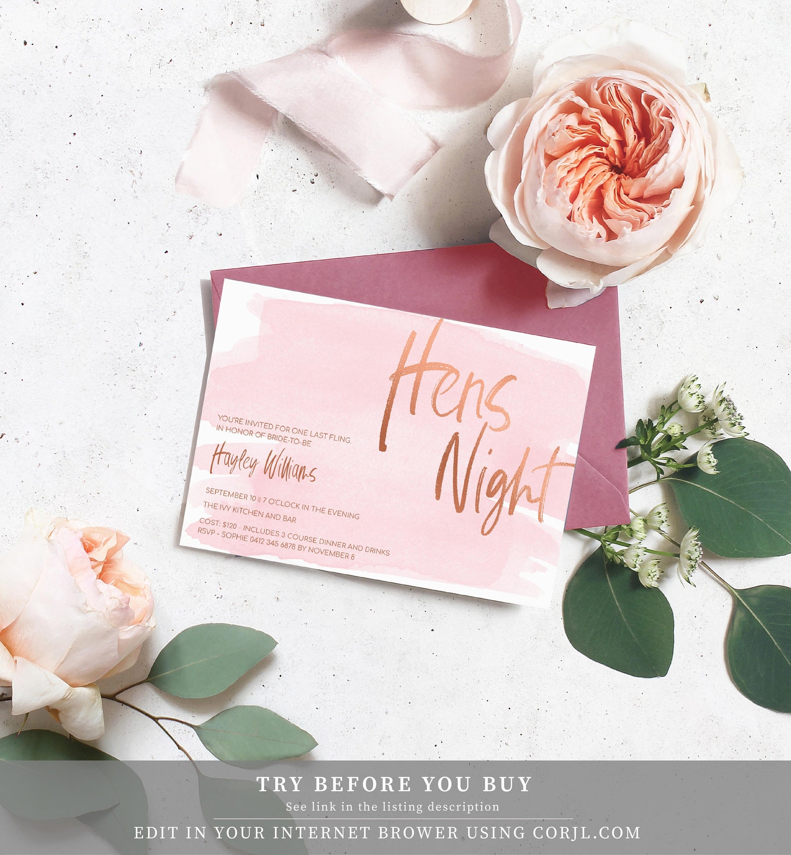 Hens Night Printable Invitation - Hens Party Invite - Pink Watercolour ...