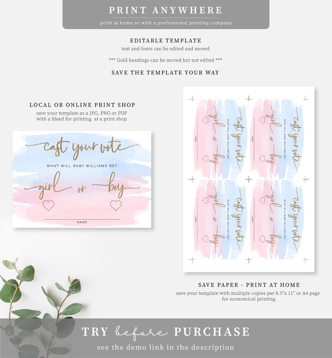 Cast Your Vote Gender Reveal Voting Card Pink and Blue - Etsy