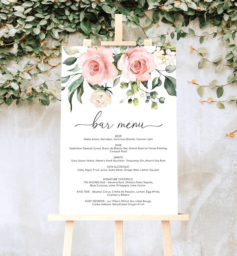 Printable Bar Menu Sign Blush Floral Wedding Drinks Menu - Etsy