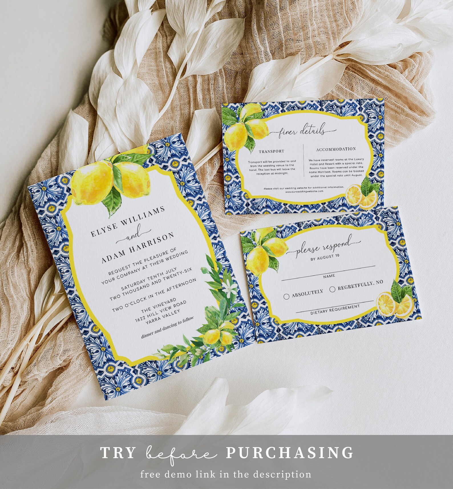 Positano Blue Tile Lemons Wedding Invitation, Finer Details and RSVP ...