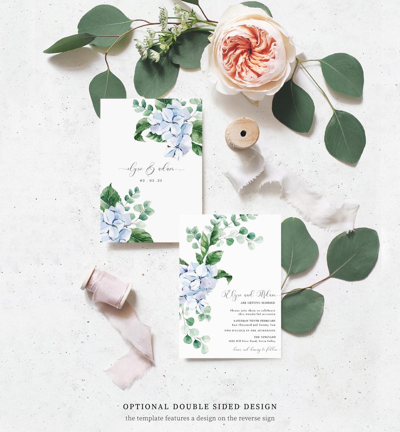 Editable Wedding Invitation Template Blue Hydrangea Modern - Etsy