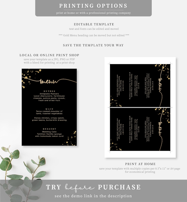 Printable Menu Template Black and Gold Dinner Menu Birthday - Etsy