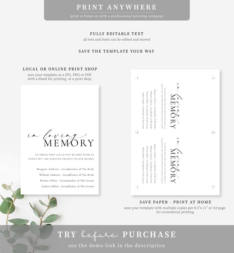 In Loving Memory Sign, Memorial Table Decor (printable), Ellemsere ...