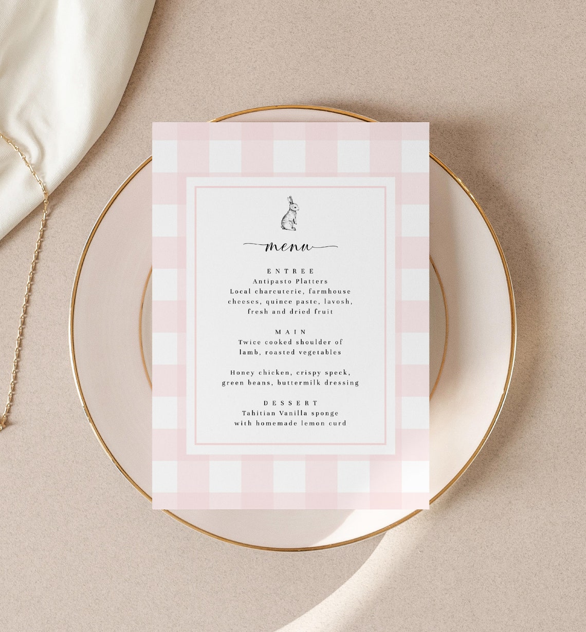 Pink Gingham Bunny Menu Card, Bunny Rabbit Baby Shower Menu, Printable ...