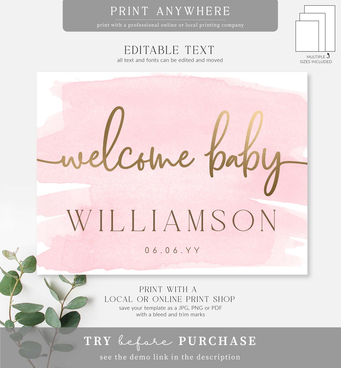 Pink Watercolor Baby Shower Welcome Sign, Faux Gold (digital Download ...