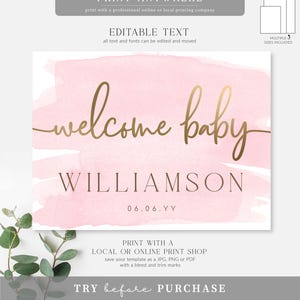 Welcome Baby Sign, Welcome Sign Template, Printable Pink Watercolour ...