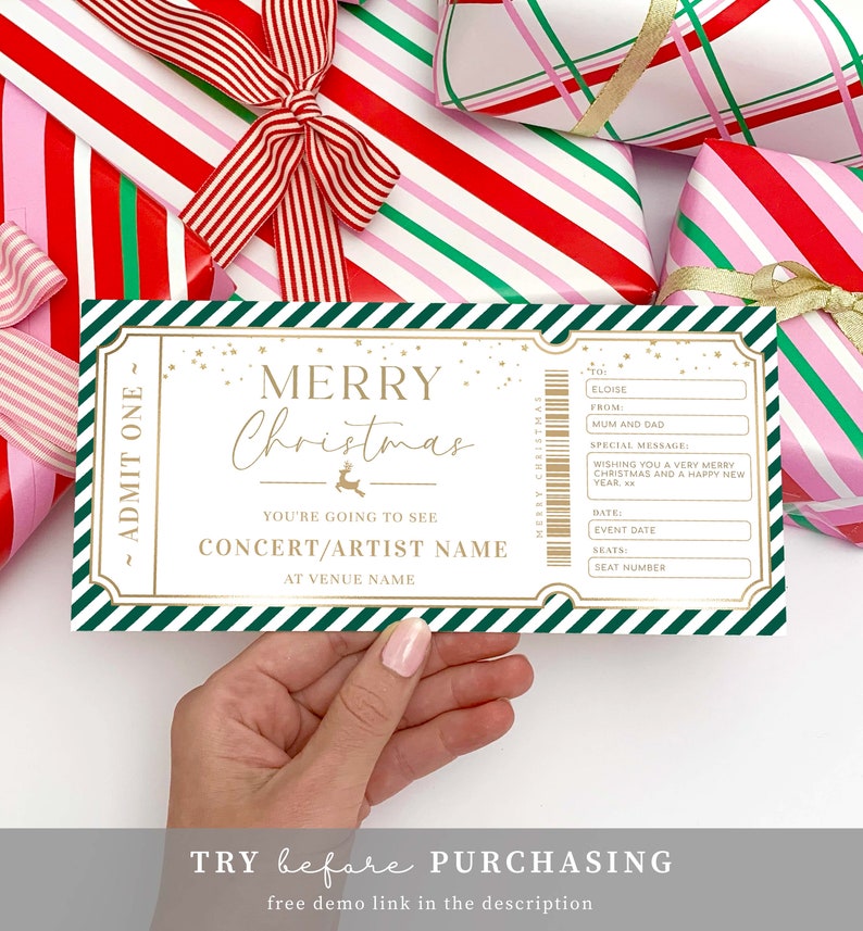 Christmas Concert Ticket Template: Printable Music Gift Voucher (4x9 ...