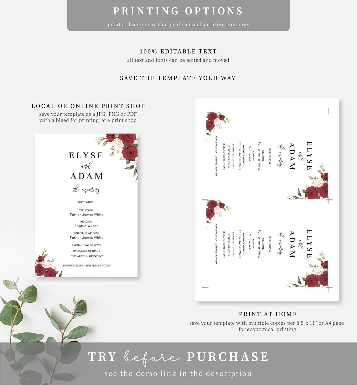 Printable Red Floral Wedding Program Template Editable - Etsy