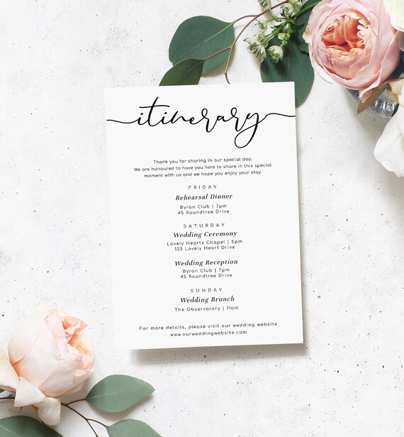 Printable Editable Minimal Itinerary Card Template Wedding - Etsy Finland