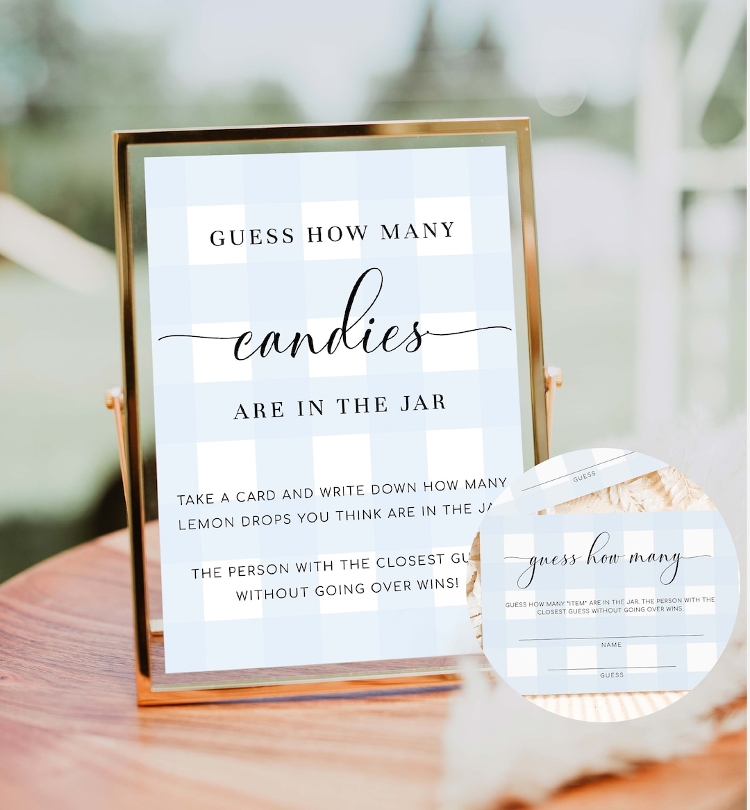 Guess How Many Sign and Card, Blue Gingham, How Many Candies in the Jar ...