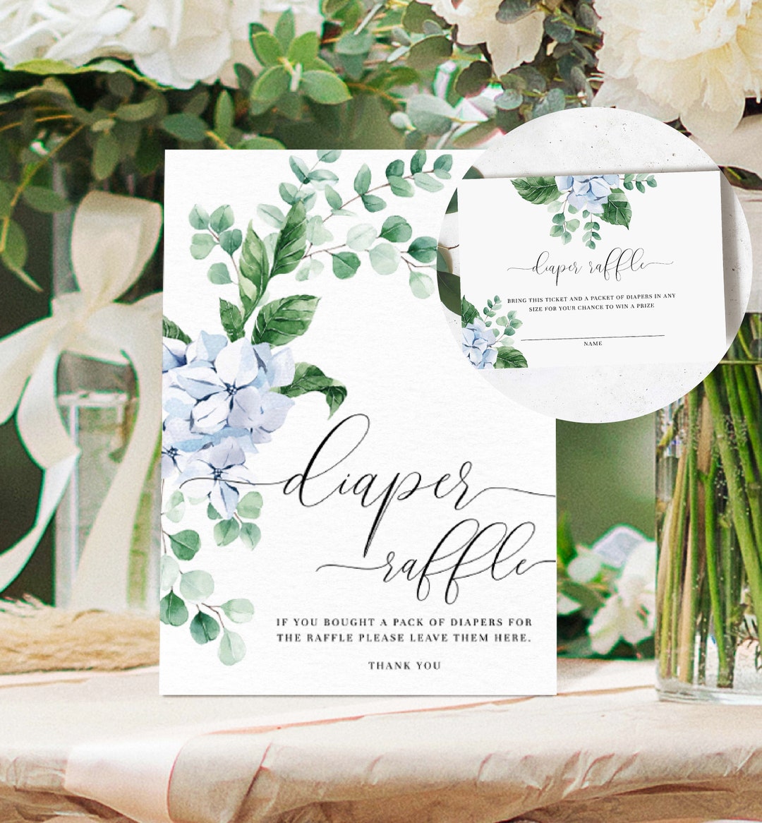 Diaper Raffle Ticket and Sign Template, Blue Hydrangea, Boy Baby Shower ...