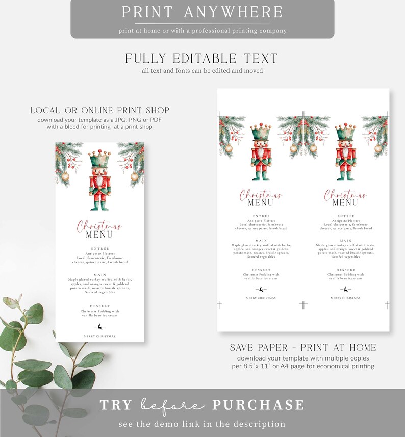Nutcracker Christmas Menu Card, Printable Christmas Dinner Menu ...