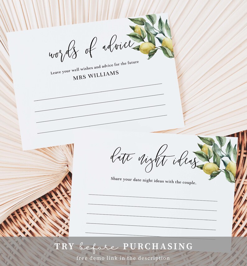 Lemon Bridal Shower Game, Advice Cards, Favor Tags (digital Download ...