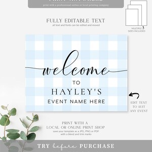 Blue Gingham Welcome Sign, Boy Baby Shower Pale Blue Check Welcome Sign ...