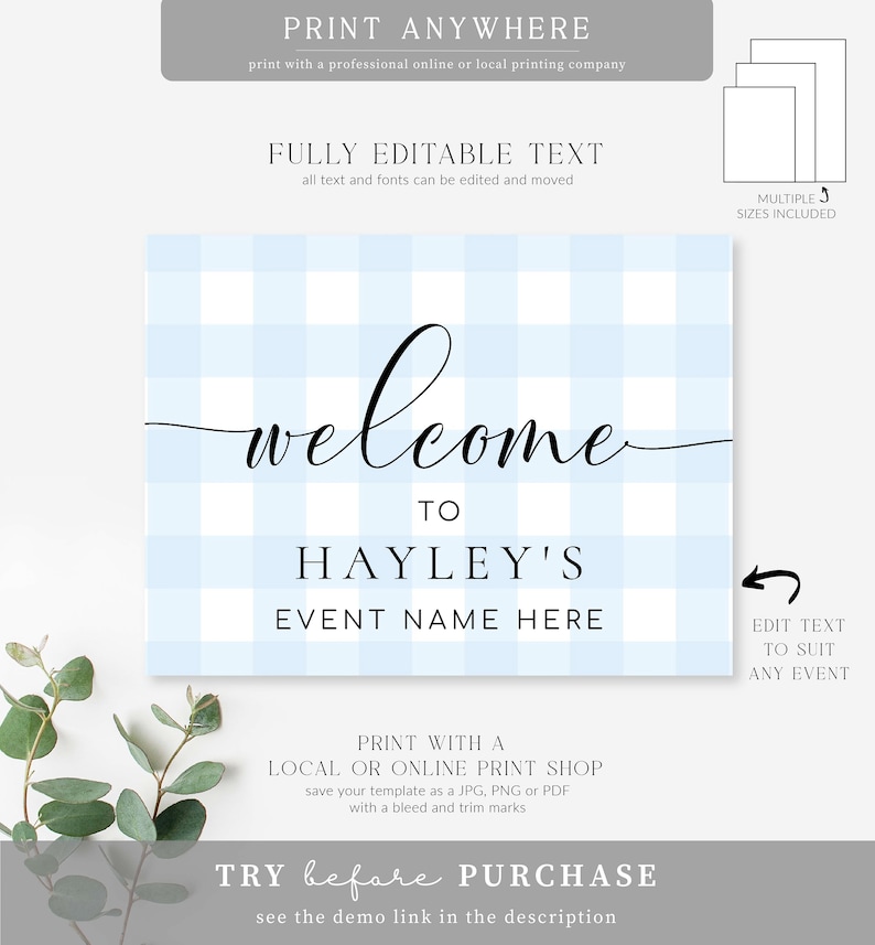 Blue Gingham Graduation Welcome Sign (printable) - Etsy