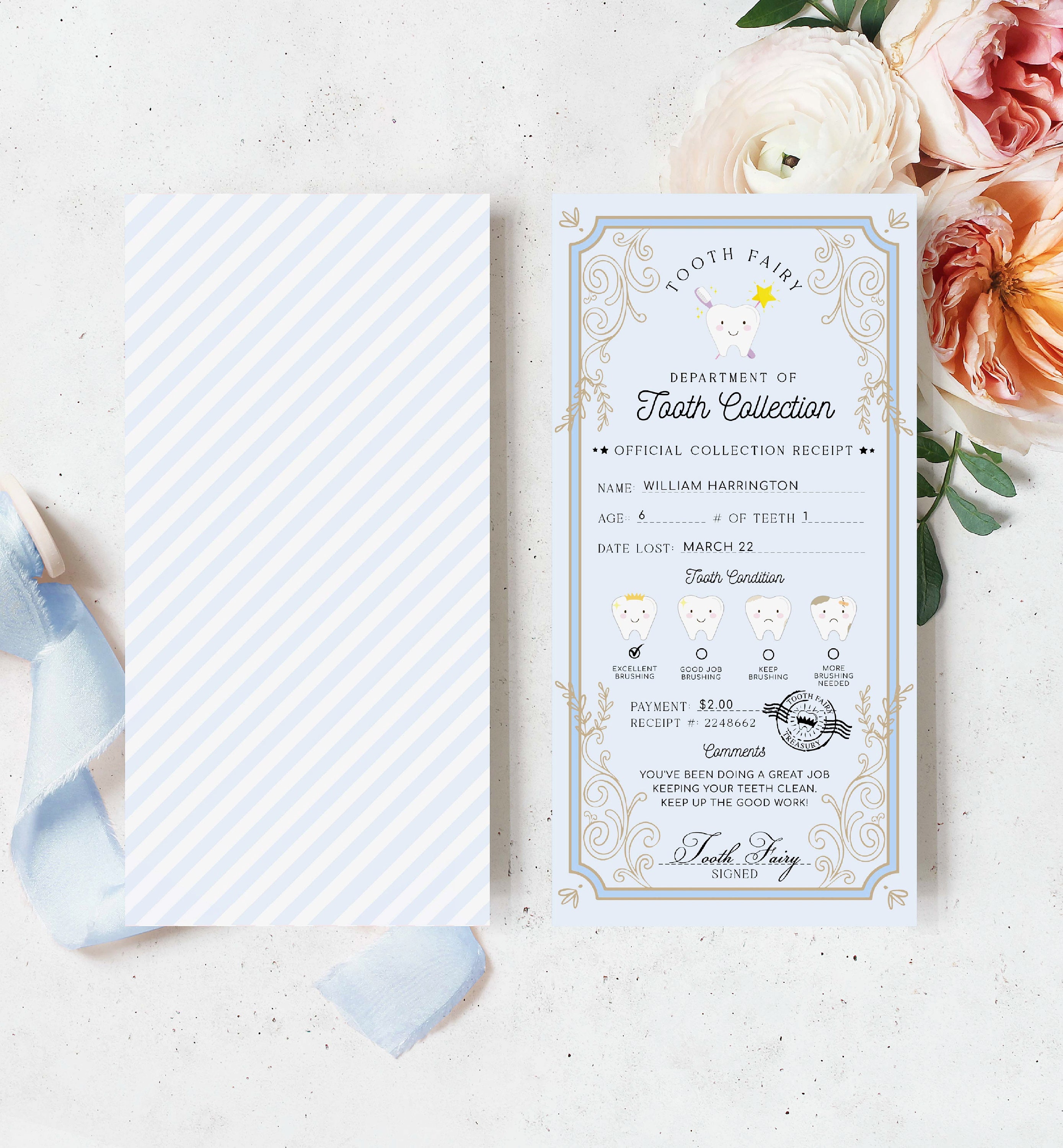 Printable Tooth Fairy Receipt, Tooth Fairy Collection Receipt, Editable ...
