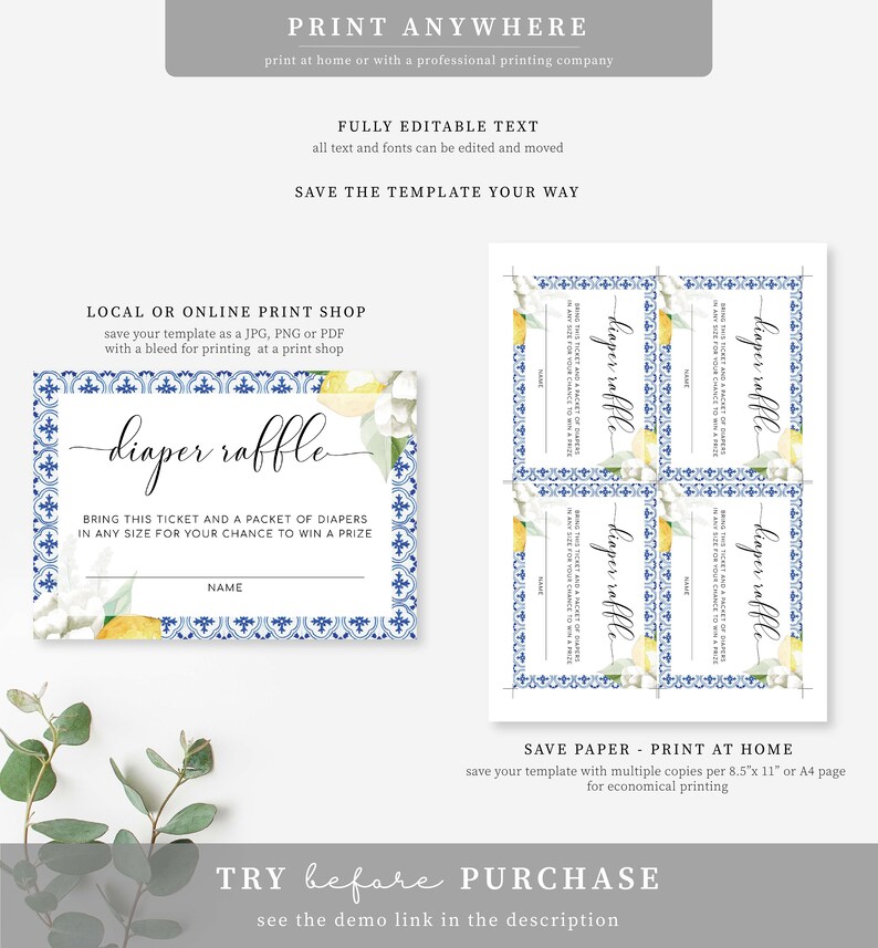 Mediterranean Lemon Diaper Raffle Ticket & Sign (printable), the Med - Etsy