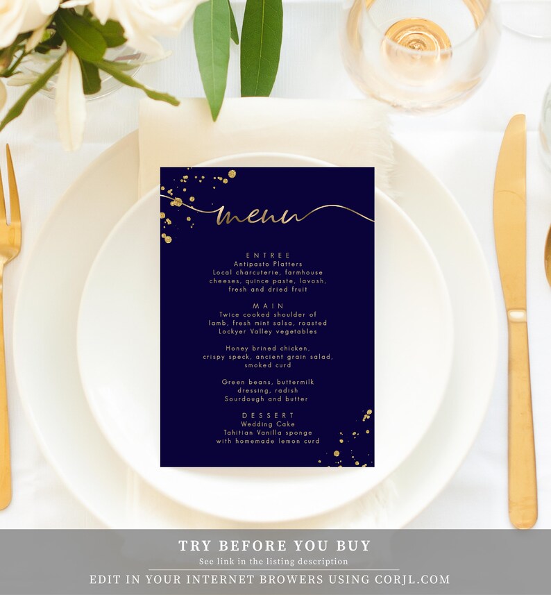 Navy and Gold Editable Printable Menu Template Wedding Menu | Etsy