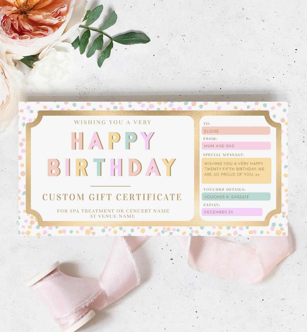 Happy Birthday Custom Gift Voucher, Printable Birthday Gift Certificate ...