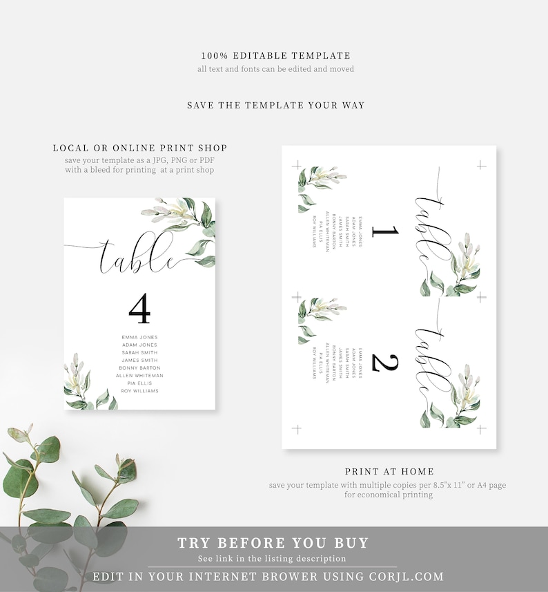 Printable Greenery Wedding Table Numbers With Guest Names - Editable ...