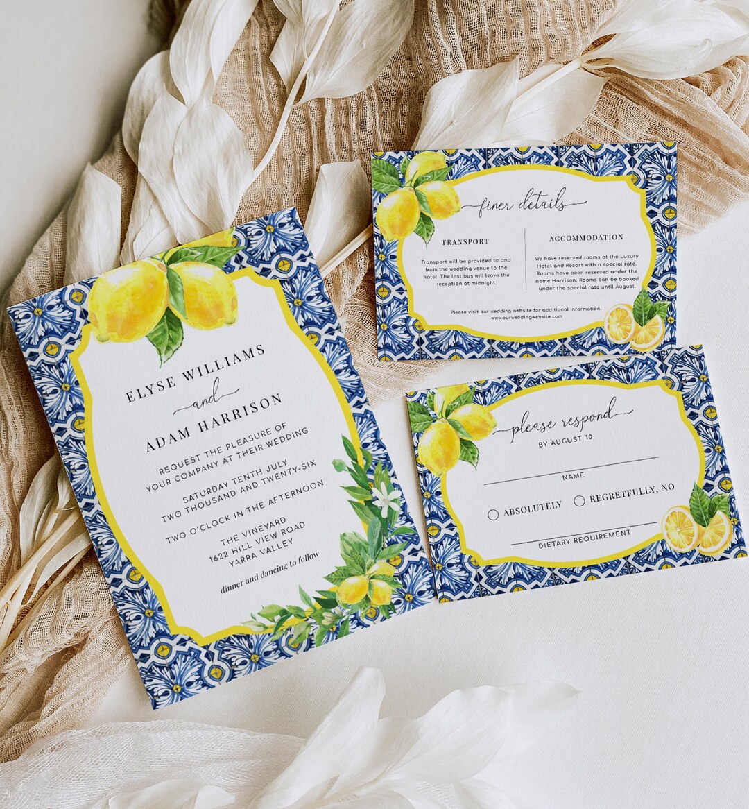 Positano Blue Tile Lemons Wedding Invitation, Finer Details and RSVP ...